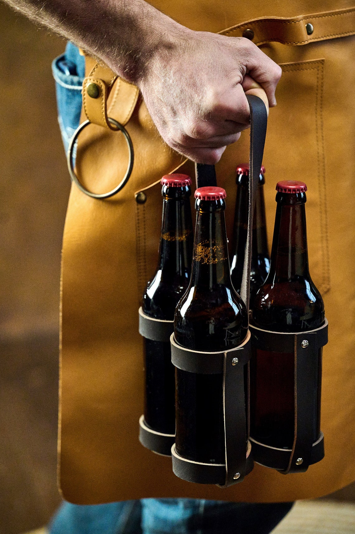 Beer Accessories Beer Holder With Strap 4 Pack Leather Beer Carrier ...