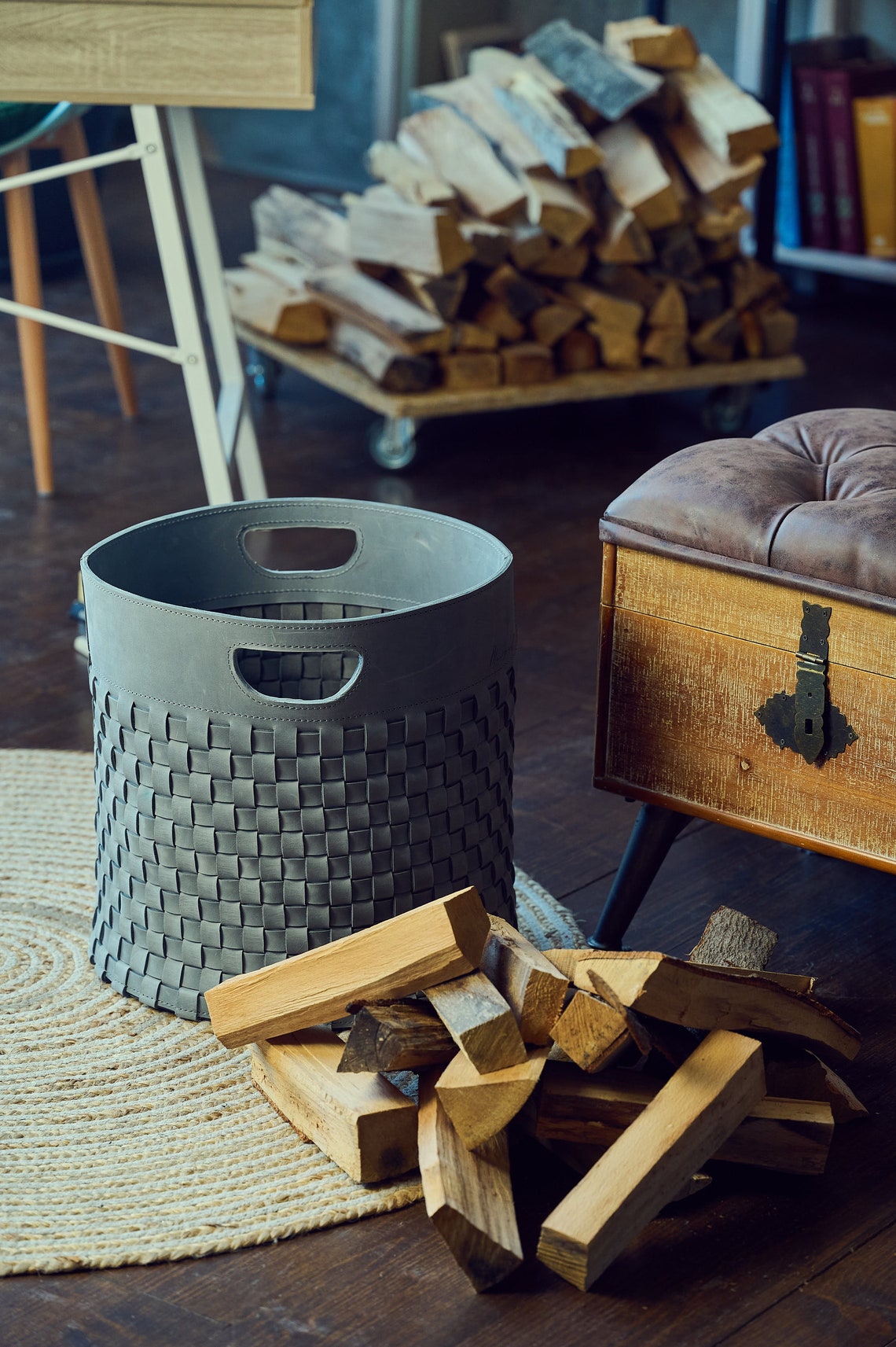 Fireplace Log Holder - Leather Firewood Basket, Modern Log Basket for ...