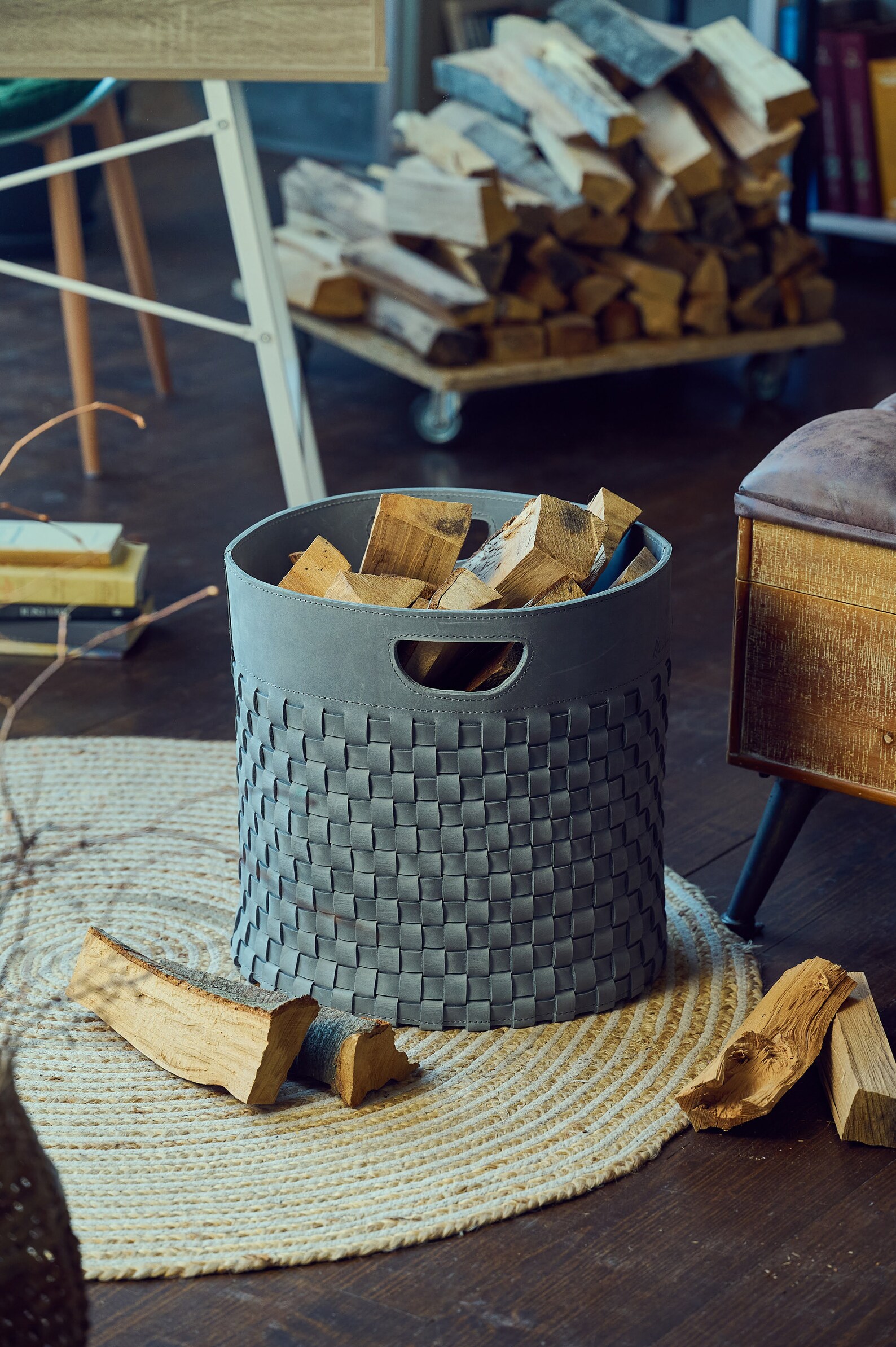 Leather Log Holder, Fireplace Firewood Basket, Modern Living Room ...