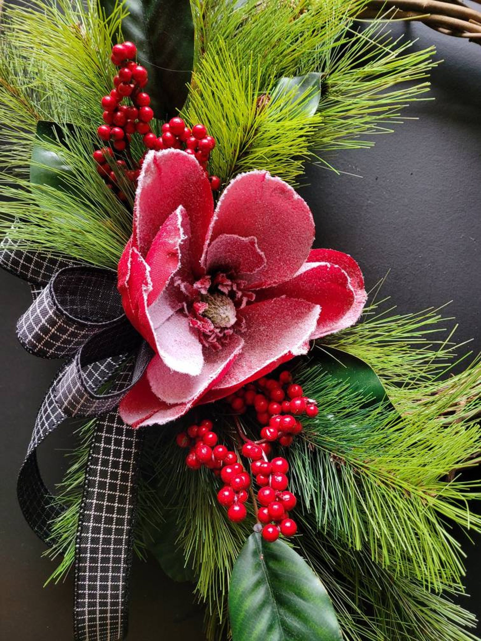 Christmas Magnolia Wreath: Red Flocked Flower, Farmhouse Plaid Ribbon ...