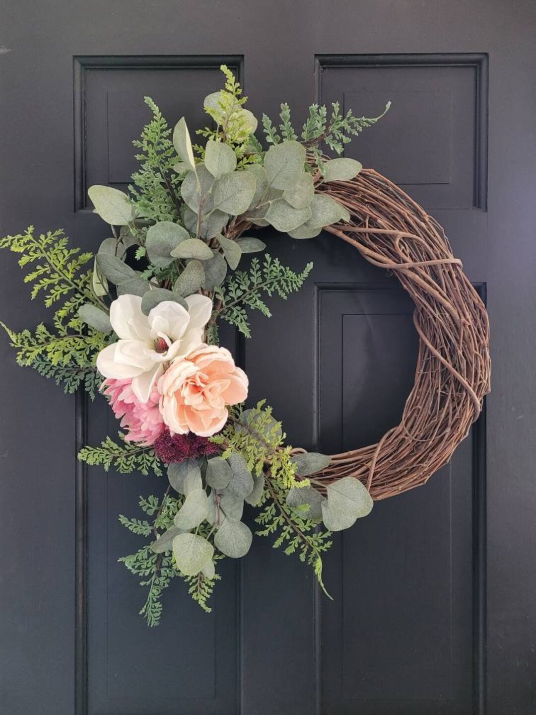 Spring Summer Magnolia Wreath With Pink Mum and Peach Cottage Rose ...