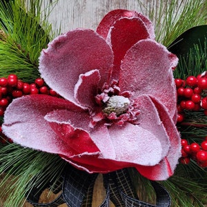 Christmas Magnolia Wreath: Red Flocked Flower, Farmhouse Plaid Ribbon ...