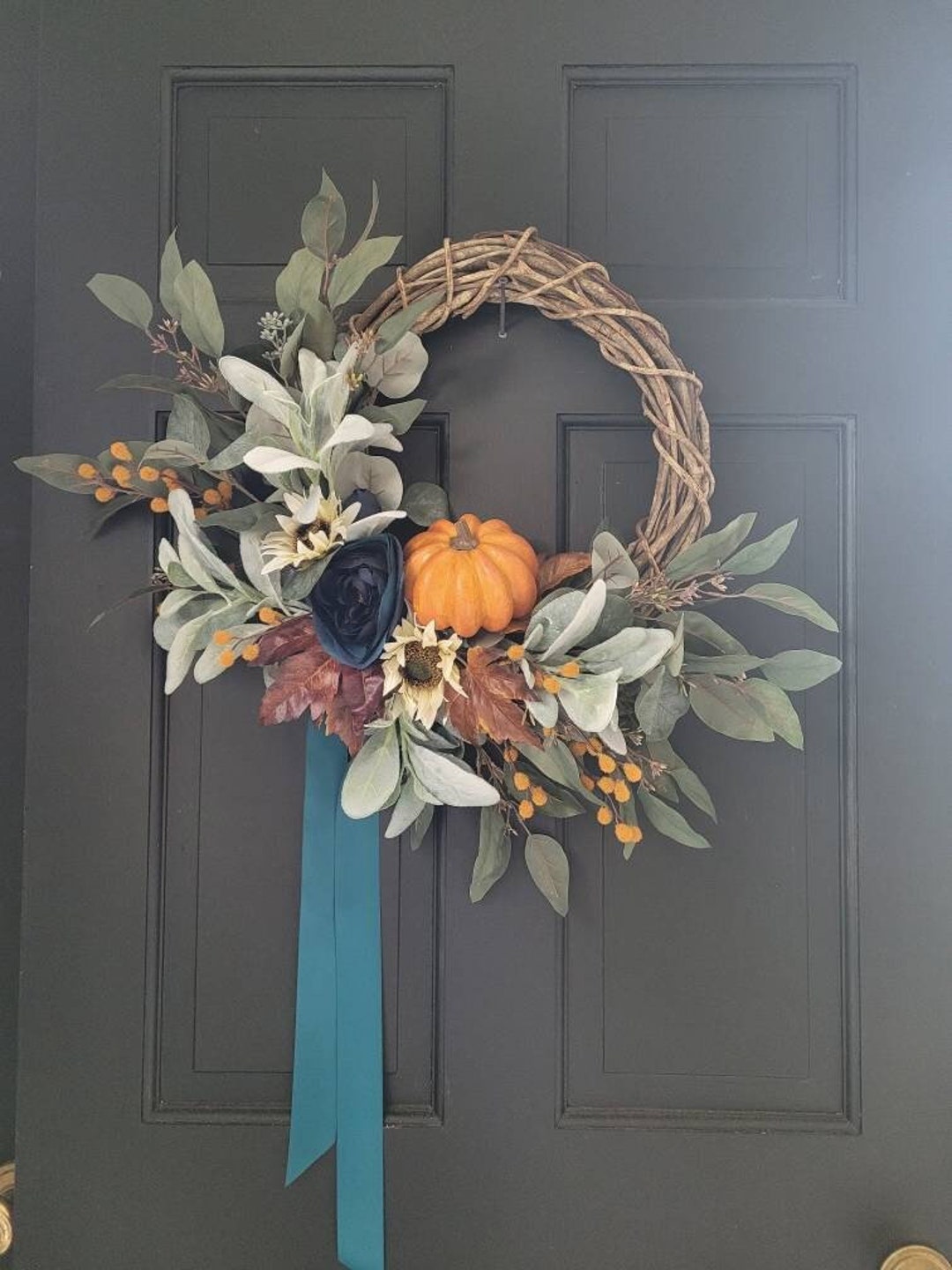 Teal and Orange Fall Wreath With a Large Turquoise Ranunculus, Cream ...