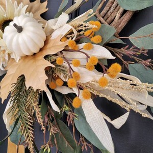 Neutral Fall Wreath With Corn Husks, Cream Sunflower, White Pumpkin, and Beige Maple Leaves for ...