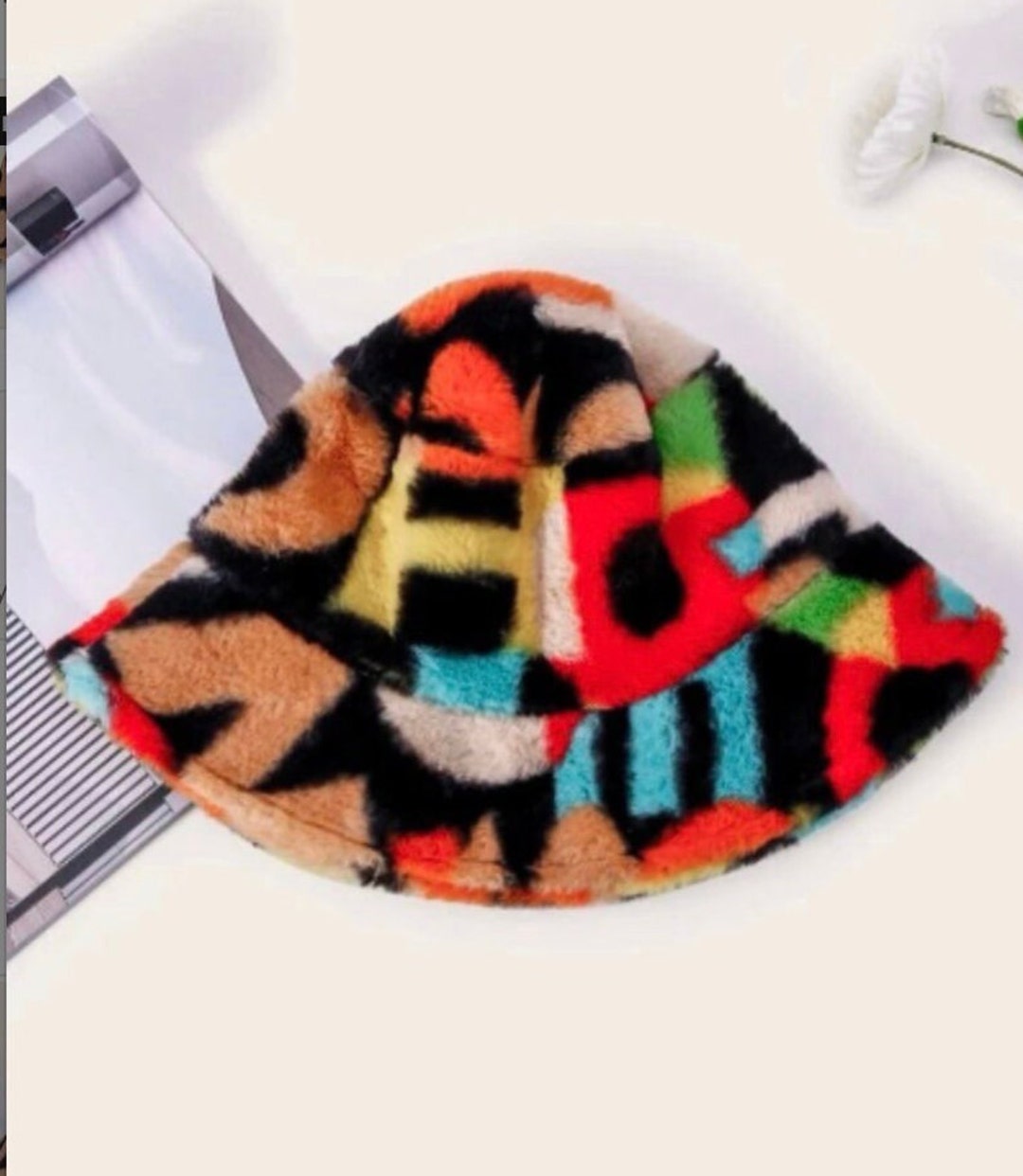 Rainbow Abstract Bucket Fuzzy Hat Fashion Bucket Hat, Trendy Bucket Hat ...