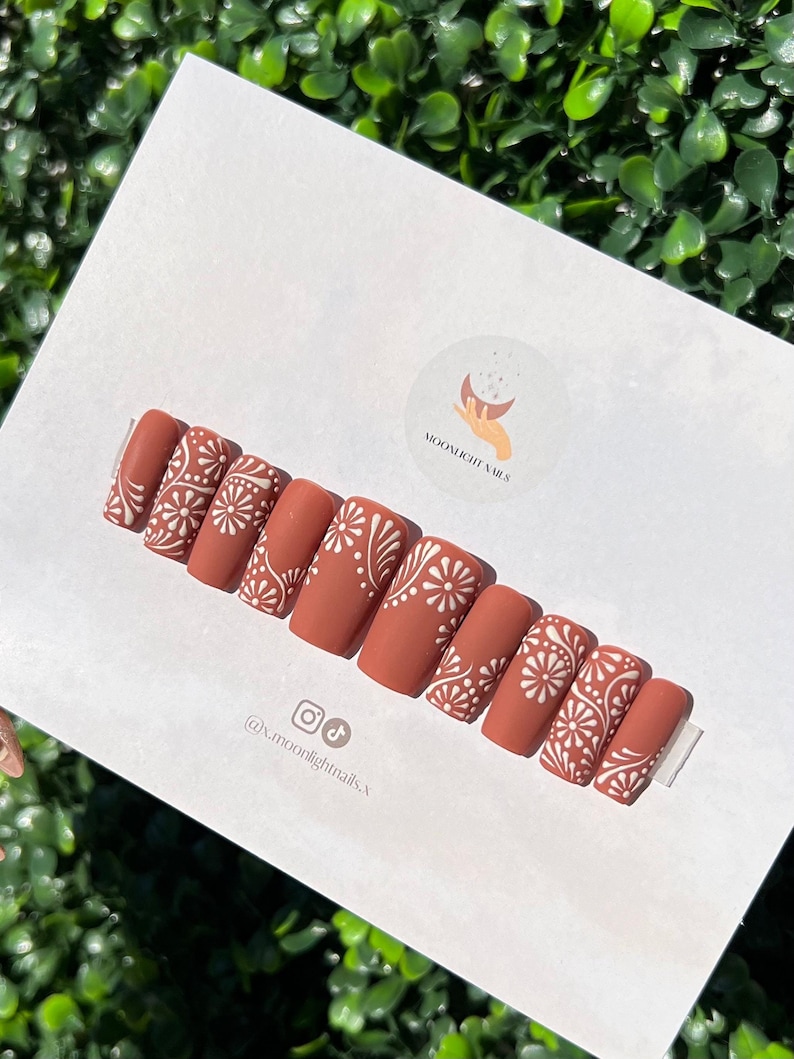 TERRACOTTA TALAVERA NAILS | Mexican Art Hand Painted Press on Nails ...