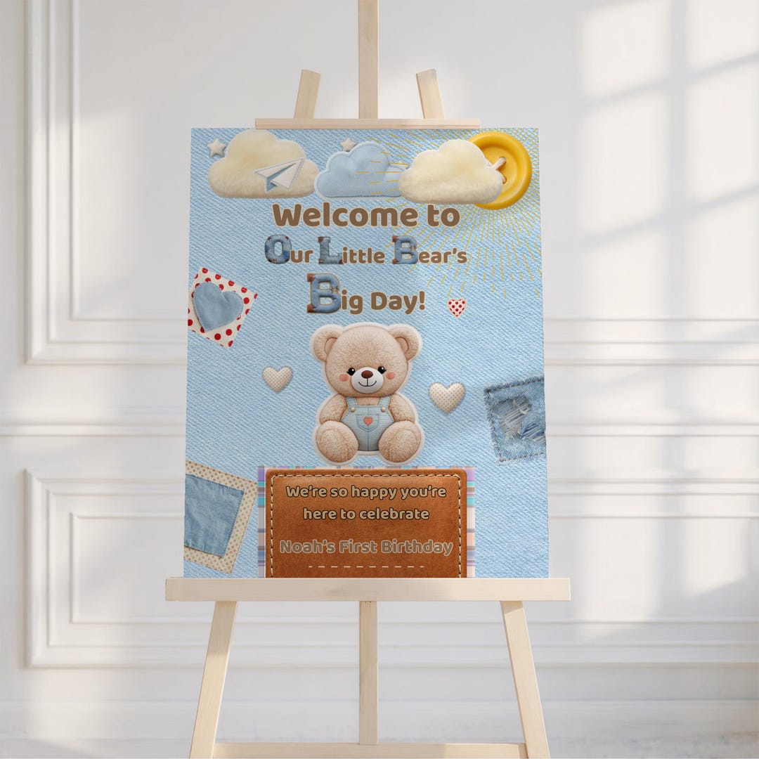 Teddy Bear Welcome Sign, Boy First Birthday Poster, Editable Canva ...
