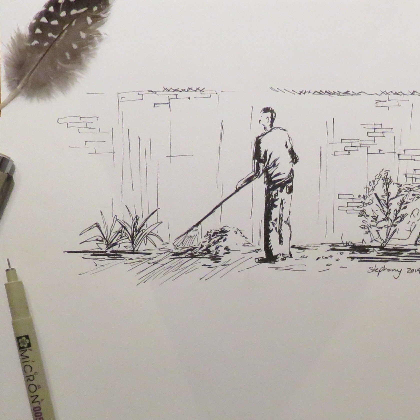 Oringal Ink Sketch Man Raking Art & Collectibles Pen & Ink Drawing ...