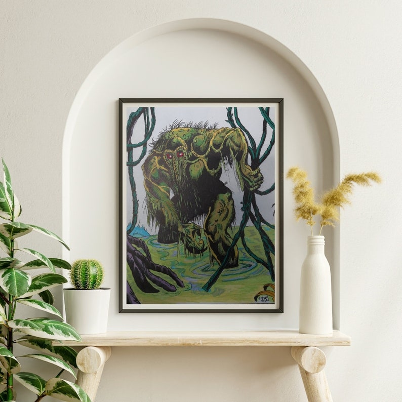 Swamp Thing Art Print, Printable Digital, Big Green Creature Walking in Water, Nature-themed ...