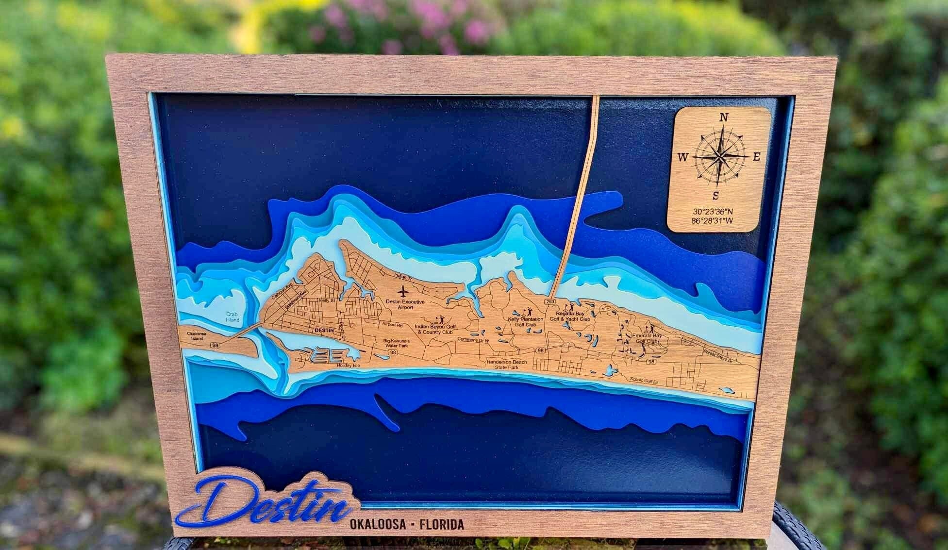 Destin Florida 3D Multi-layer Wood Map, Bathymetric, Topographic ...