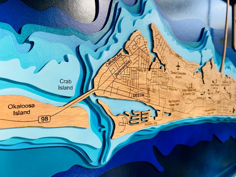 Destin Florida 3D Multi-layer Wood Map, Bathymetric, Topographic ...
