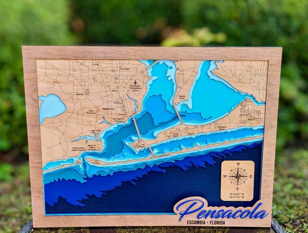 Pensacola Gulf Breeze Florida 3D Wood Map, Bathymetric, Topographic ...