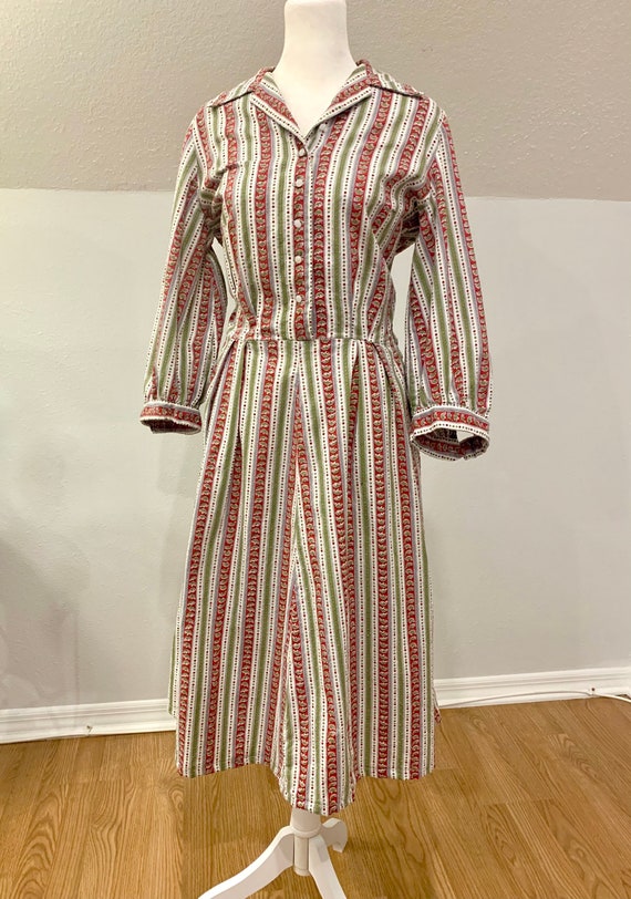 Handmade 1950’s day dress muted red and olive green s… - Gem