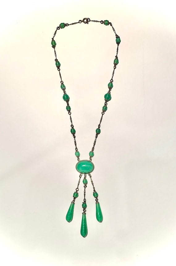 Vintage Czech Necklace Green Gem