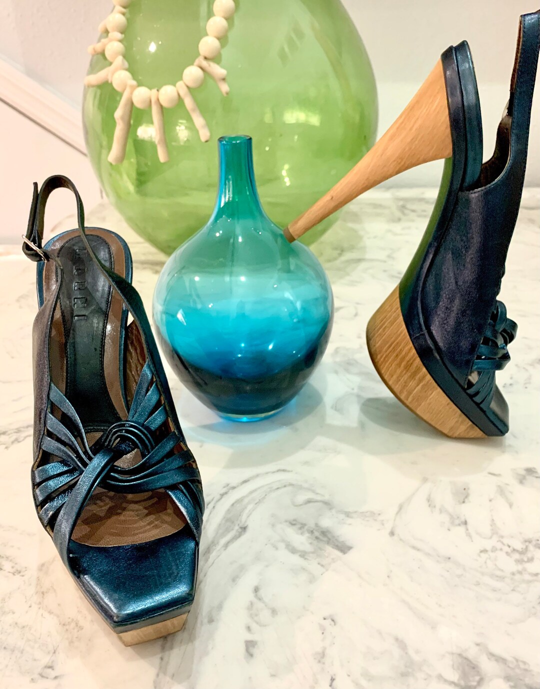 Marni Platform Sling Backs. Metallic Teal Blue Green Size 8 1/2 90s Y2K ...