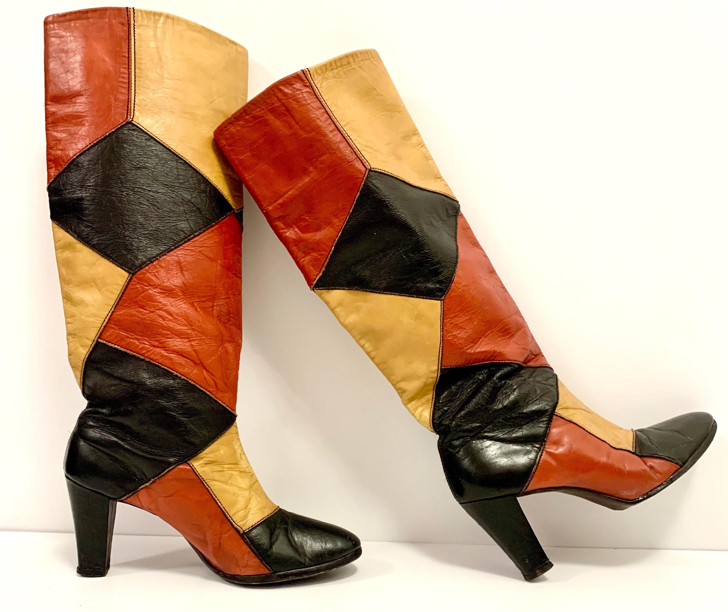 Gorgeous 70s Leather Patchwork 3 Heel Boots in Black, Burnt Orange and ...