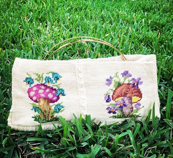 1970’s Rare needlepoint mushroom handbag in bright po… - Gem