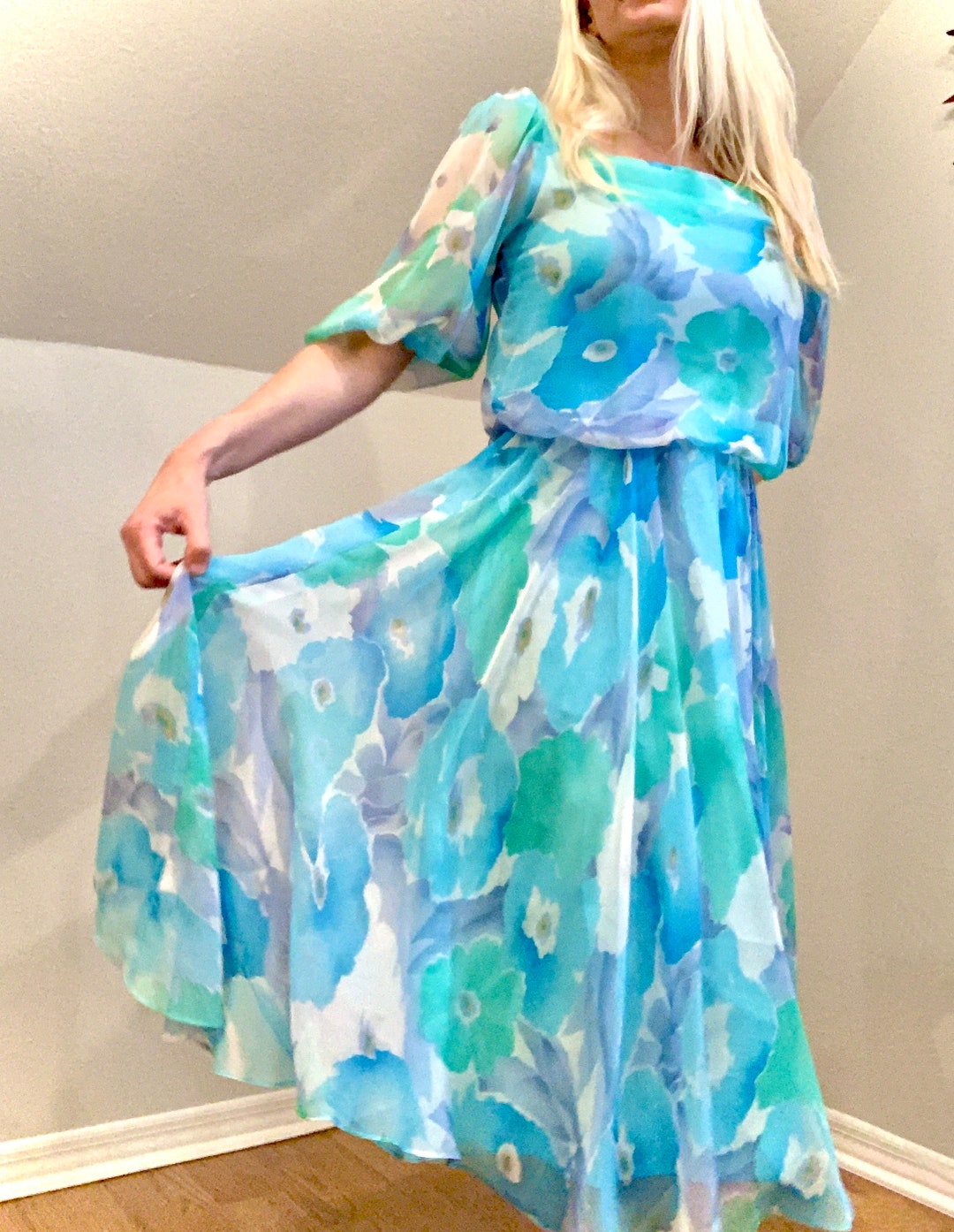 70’s Blue and Green Floral Floating Sheer Layer Dress 80’s - Etsy