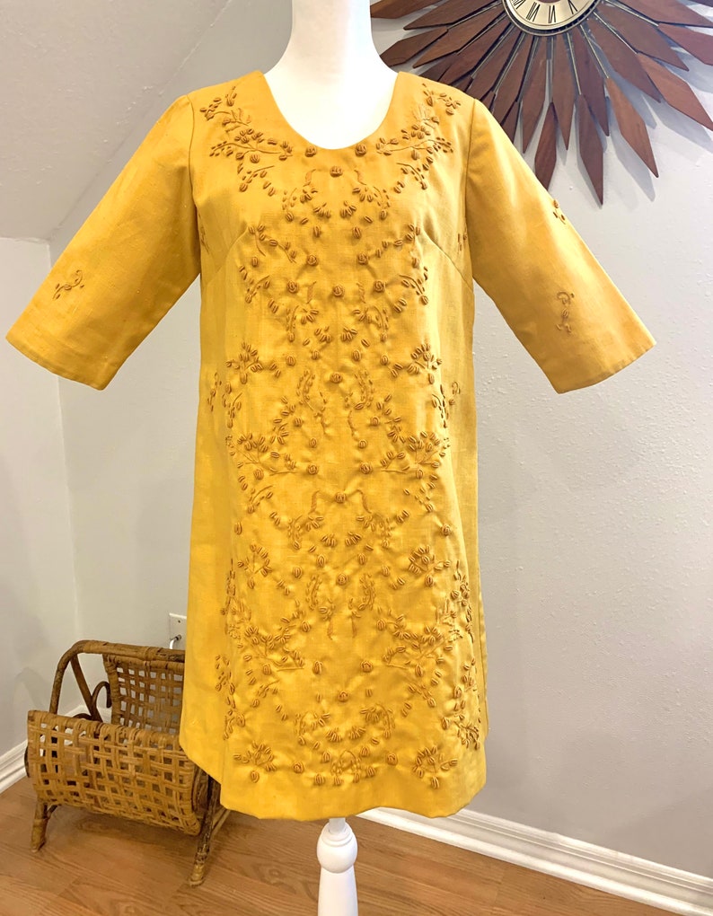 1960’s Yellow Shift Dress Handmade Embroidered - Etsy