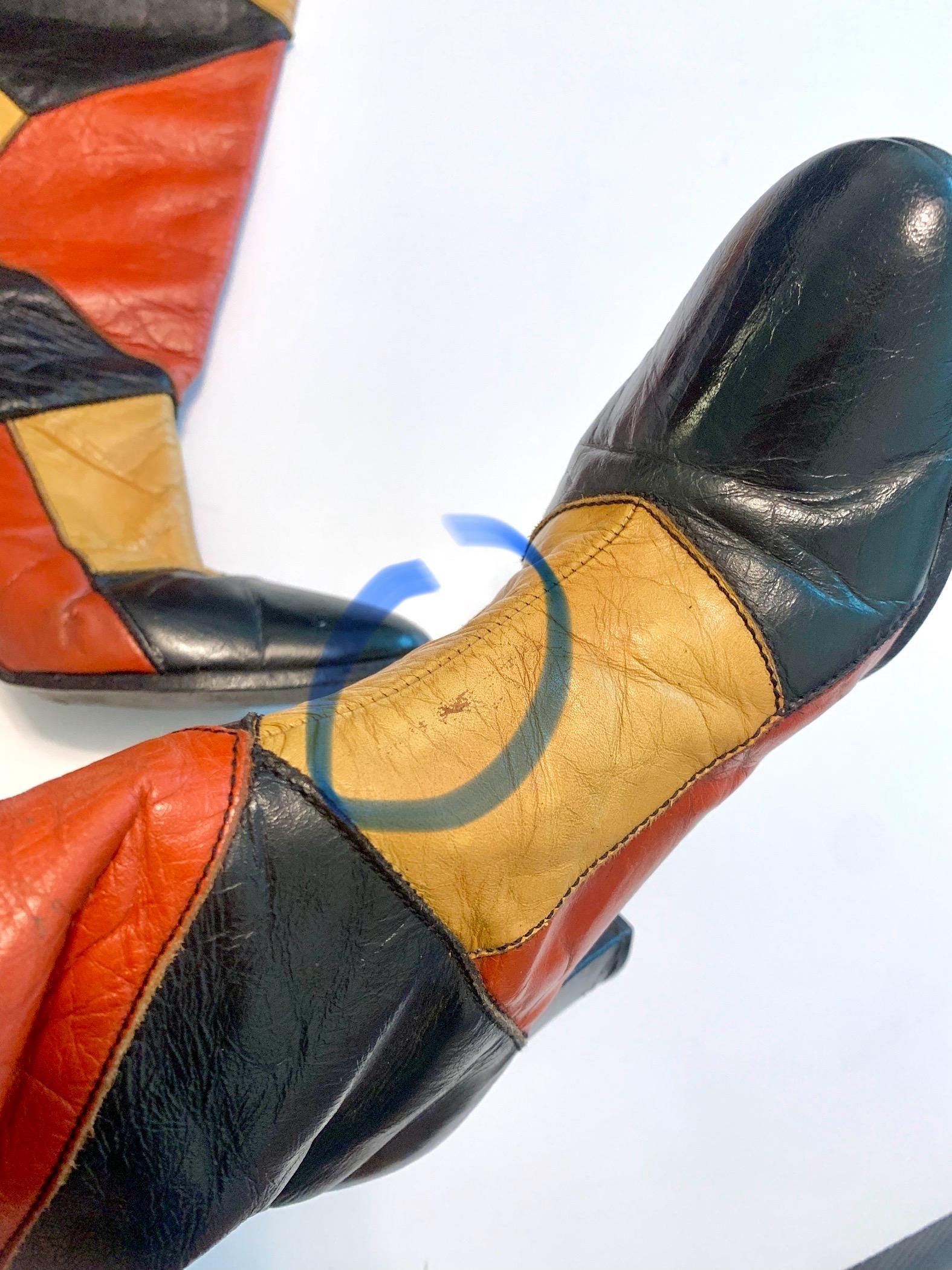 Gorgeous 70s Leather Patchwork 3 Heel Boots in Black, Burnt Orange and ...