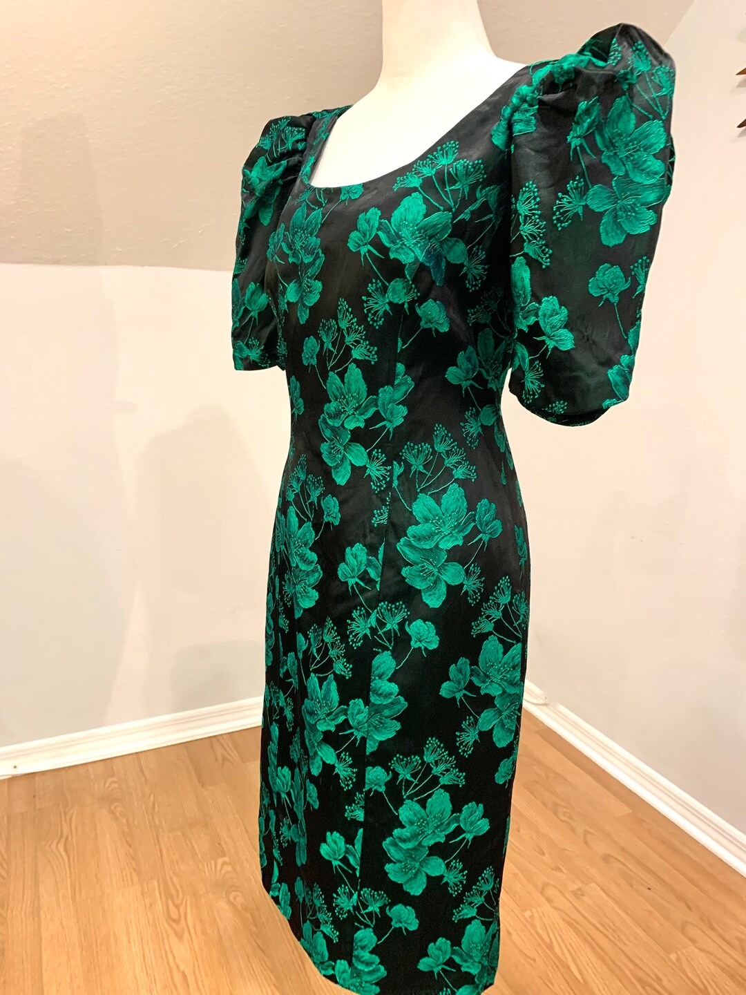 80’s Taffeta Cocktail Dress Black and Green Princess Poof Sleeves - Etsy