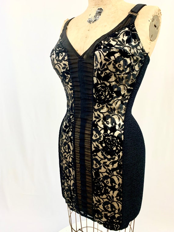 Pin up boudoir stretch lace dress black flocked rose … - Gem