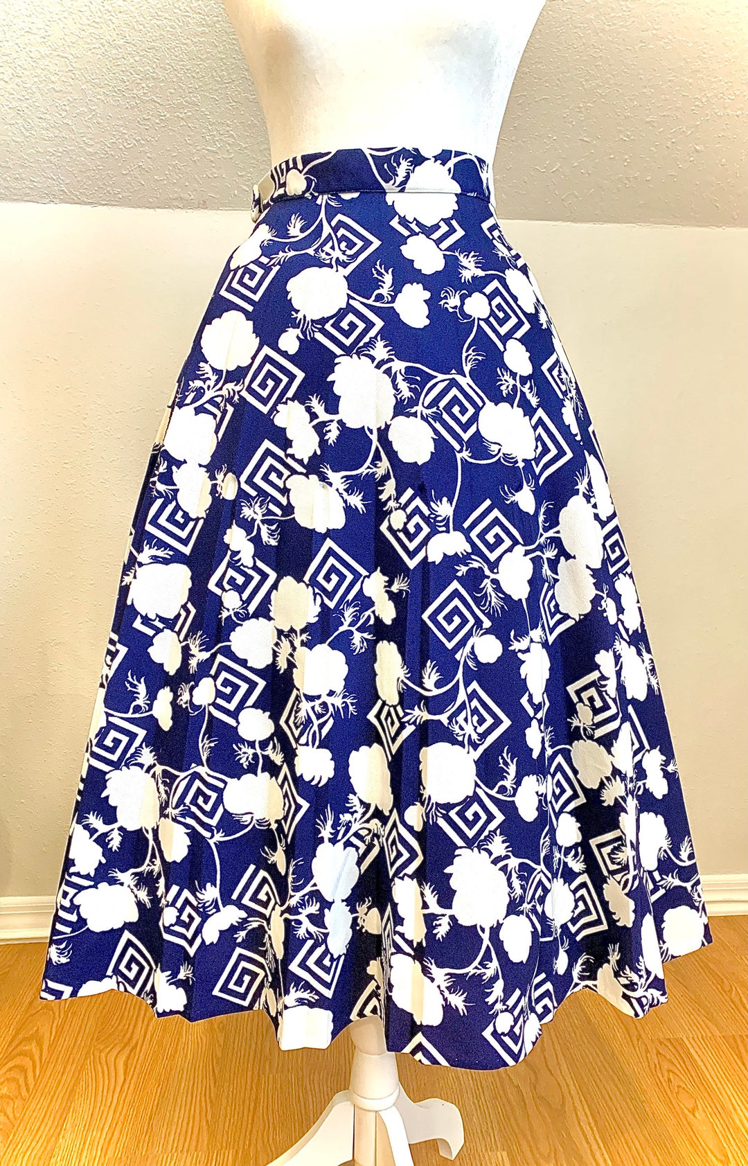 Floral and Greek Key Print Midi Skirt. Size S/M Vibrant Blue and White ...