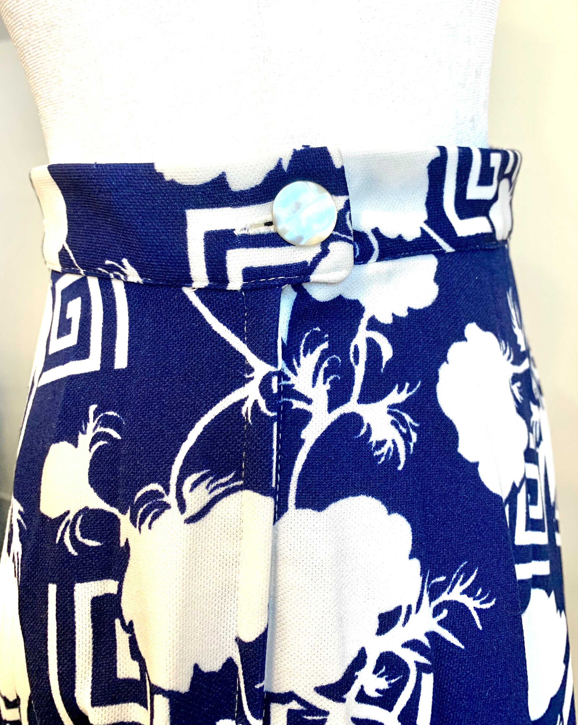 Floral and Greek Key Print Midi Skirt. Size S/M Vibrant Blue and White ...