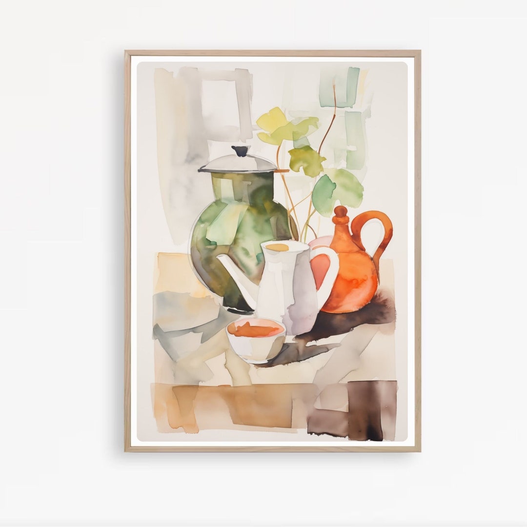 Printable Still Life, Abstract Watercolor Print, Jugs on Table Painting ...