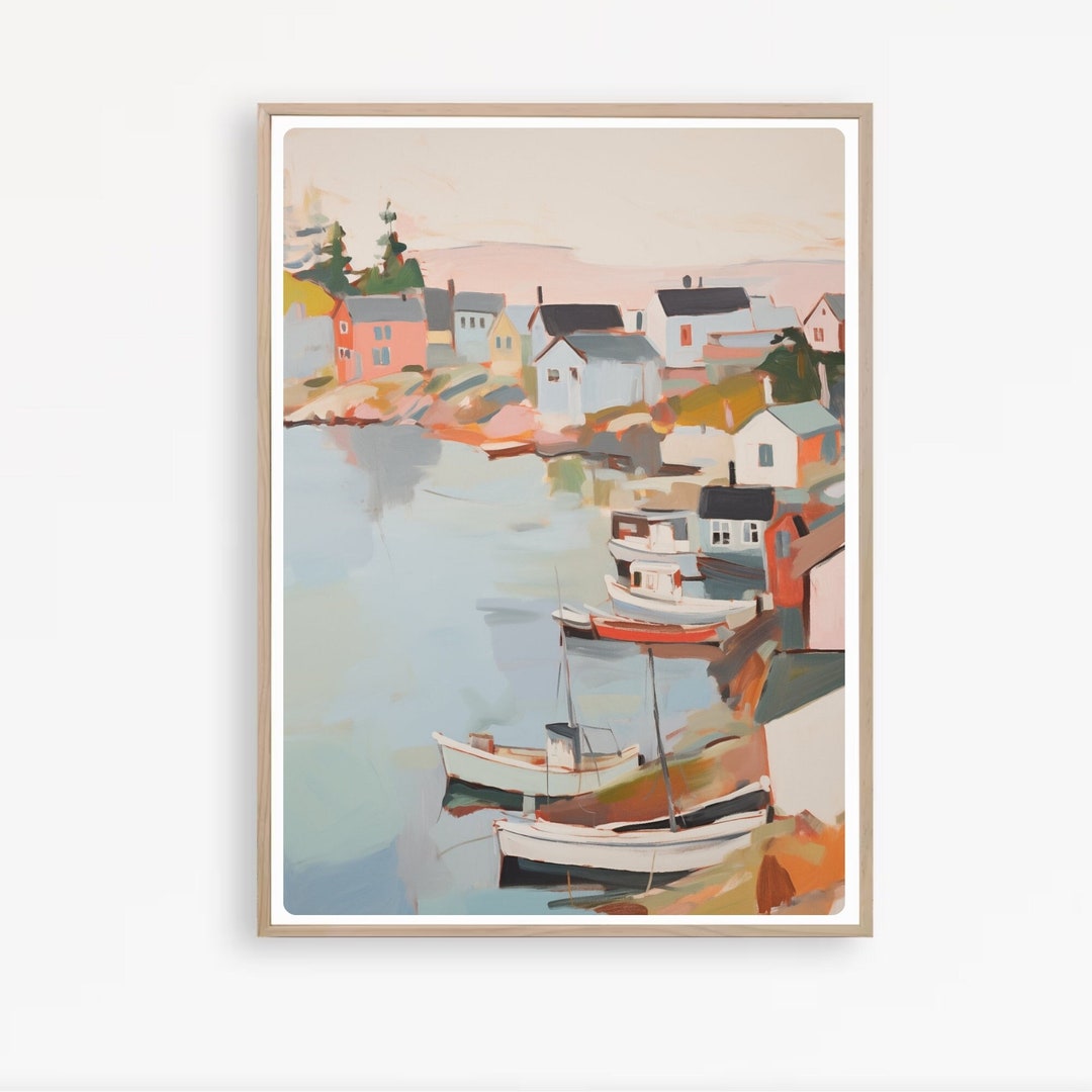 New England Harbor Print, Boats in Harbor, New England Coastal Art ...