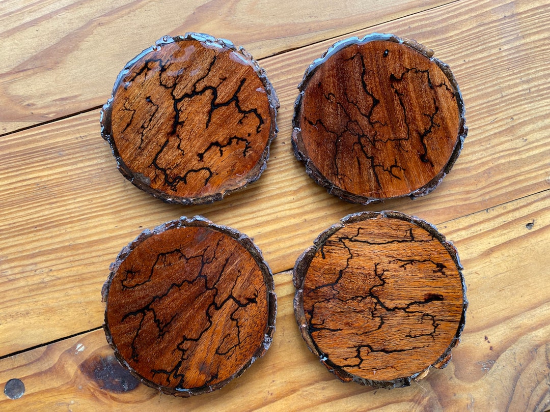 Round Wood and Resin Coasters (4) With Intricate and Unique Lichtenburg ...