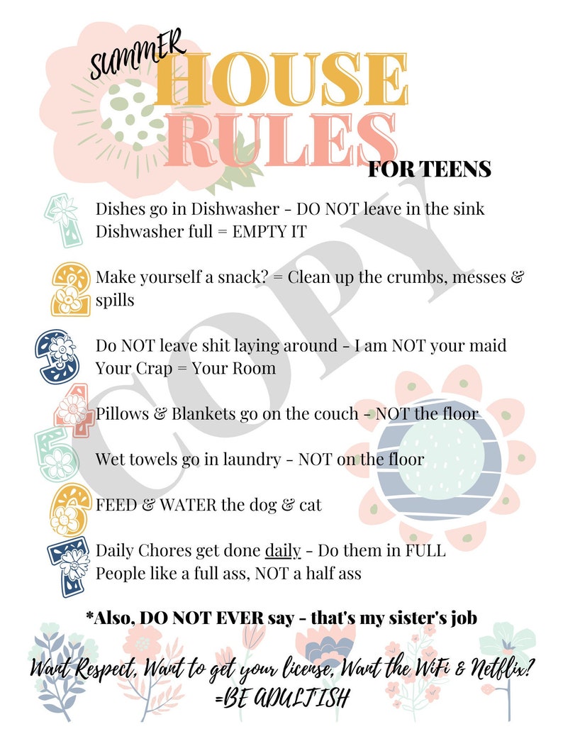 Summer House Rules for Teen | Daily Routine for Teen | Summer Flowers ...