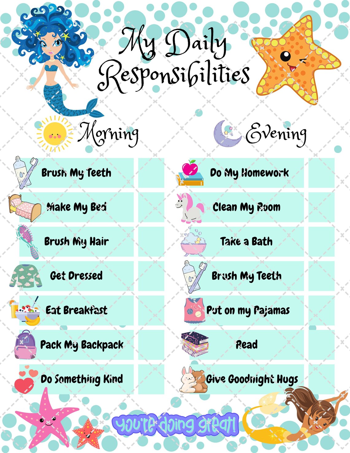 Daily Responsibilities Chore Chart Daily Routine for Kids Cute Mermaid ...