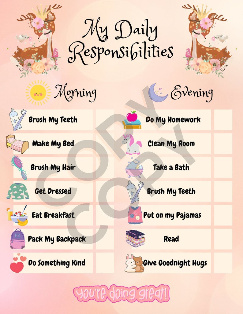 Daily Responsibilities Chore Chart | Daily Routine for Kids | Fawn ...