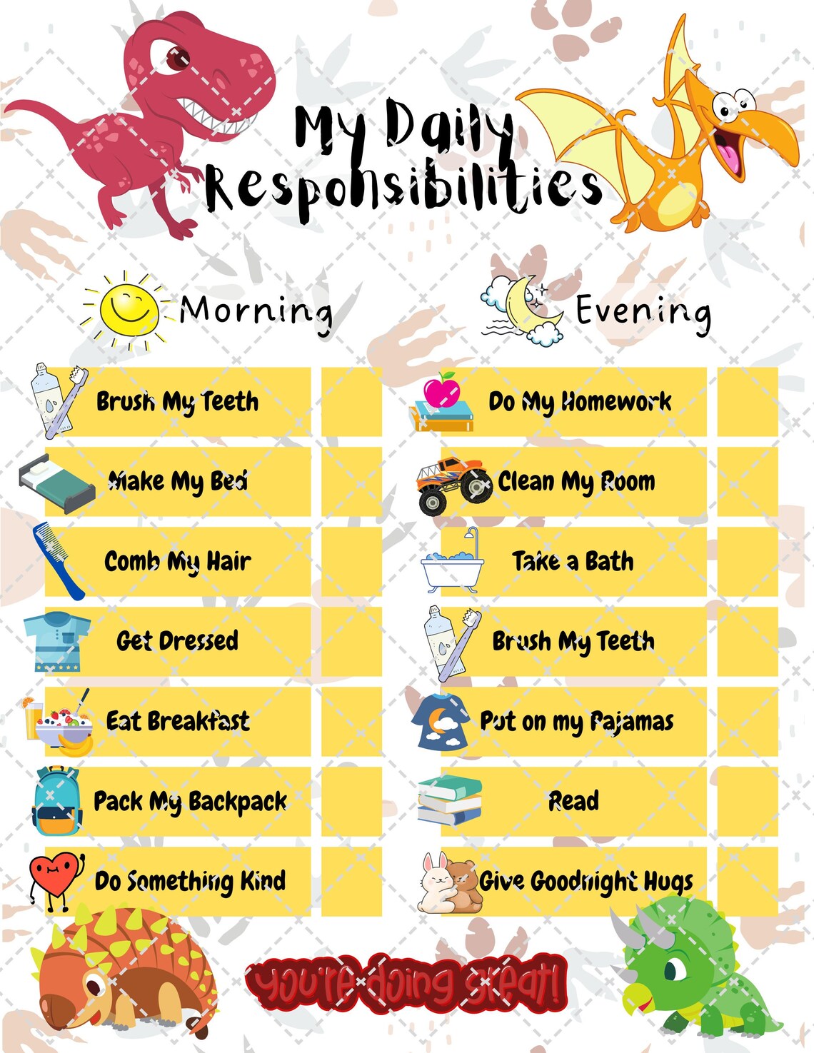 Daily Responsibilities Chore Chart | Daily Routine for Kids | Dinosaur ...