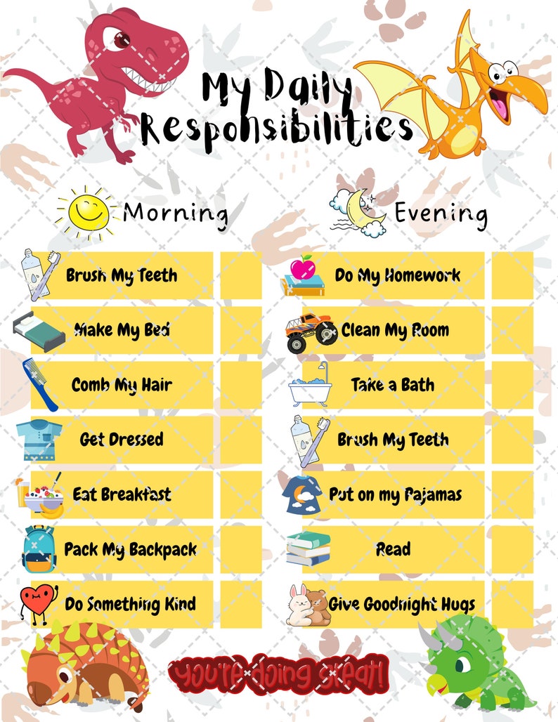 Daily Responsibilities Chore Chart | Daily Routine for Kids | Dinosaur ...