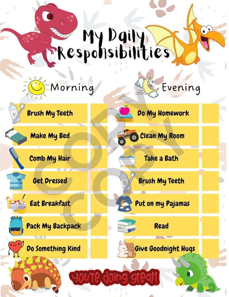 Daily Responsibilities Chore Chart | Daily Routine for Kids | Dinosaur ...