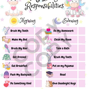 Daily Responsibilities Chore Chart | Daily Routine for Kids | Cute ...