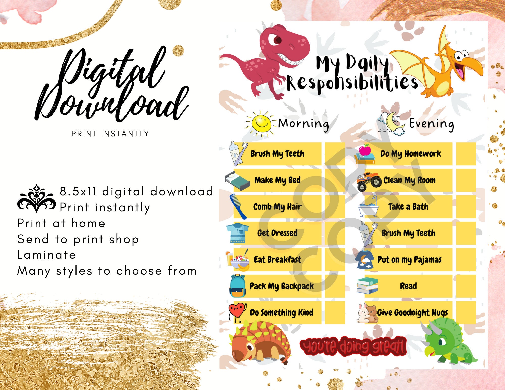 Daily Responsibilities Chore Chart | Daily Routine for Kids | Dinosaur ...