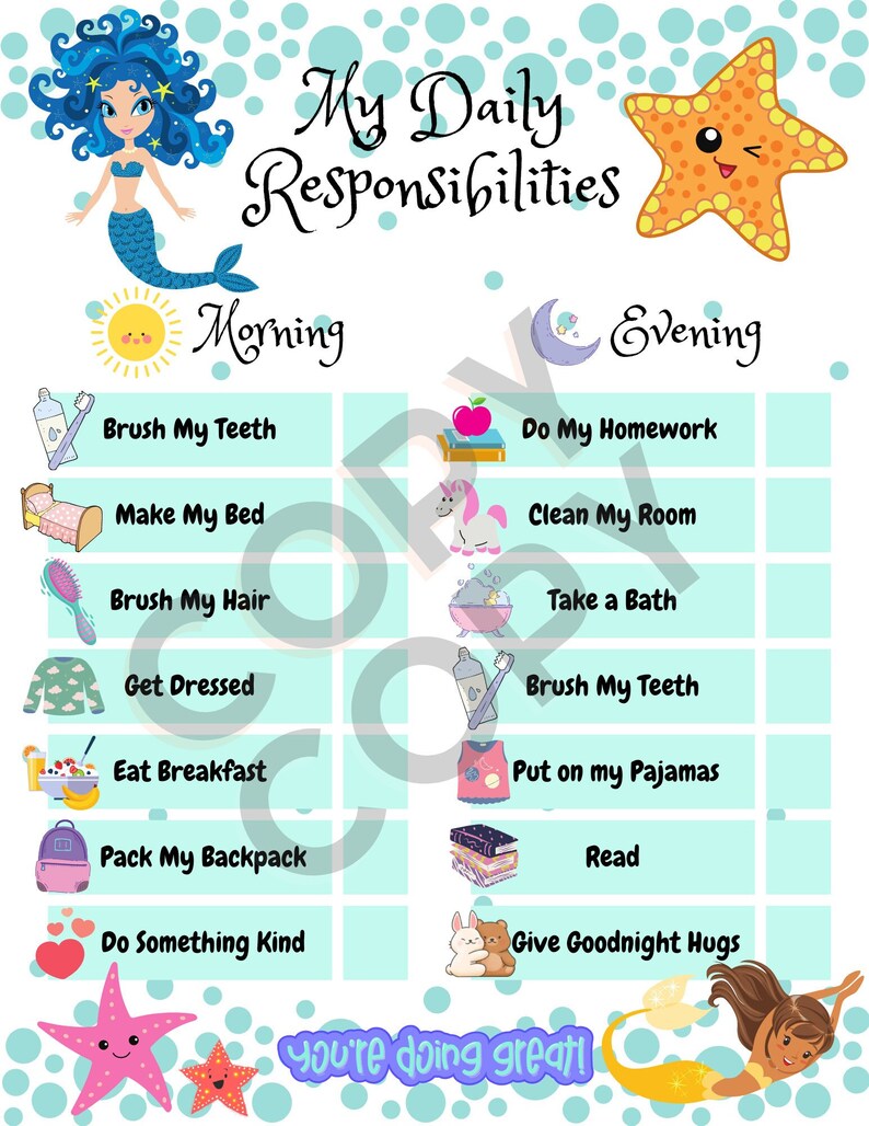 Daily Responsibilities Chore Chart | Daily Routine for Kids | Cute ...