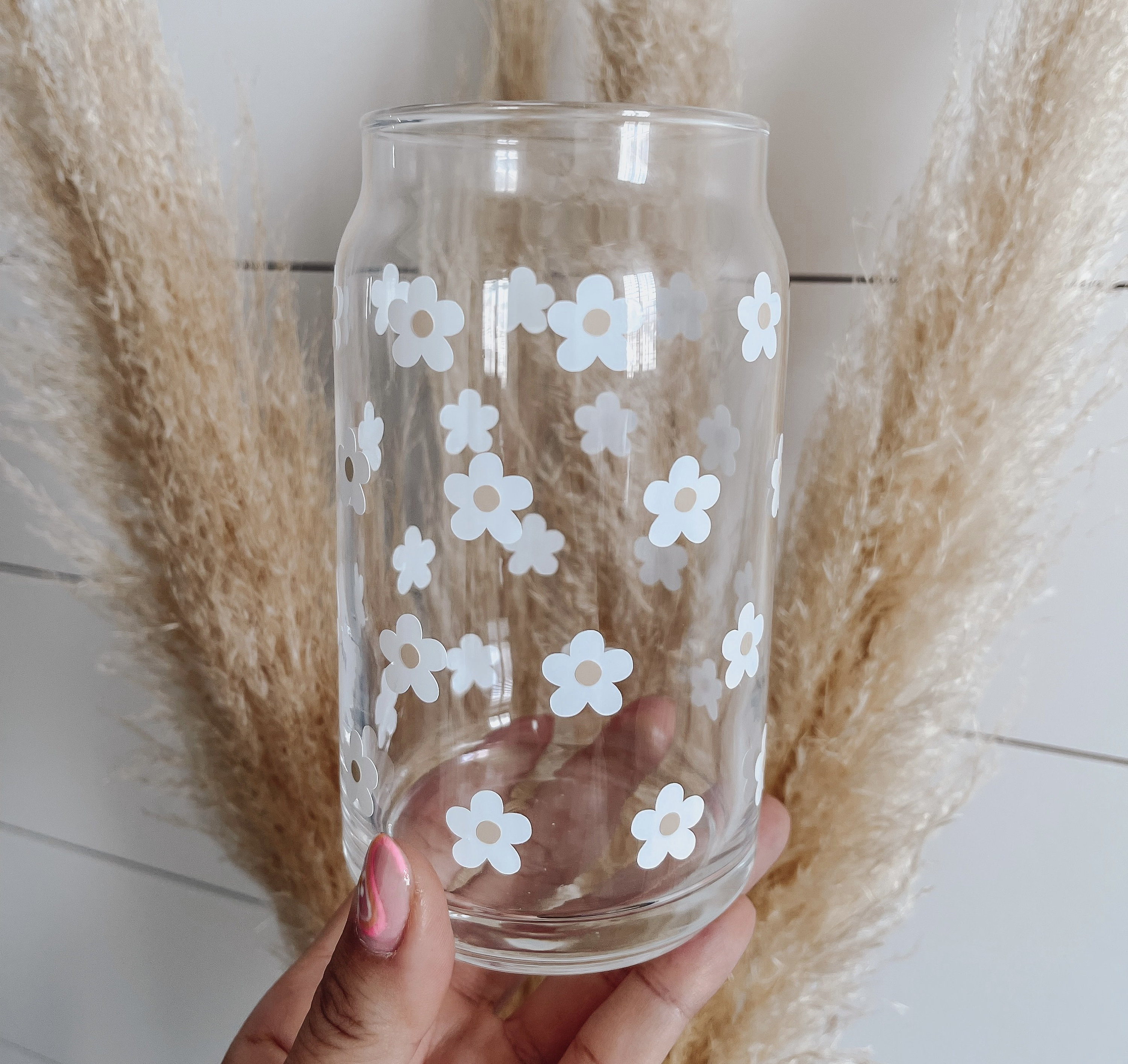 Mini Daisy Glass Cup W/ Lid Daisy Cup Iced Coffee Glass Cup - Etsy