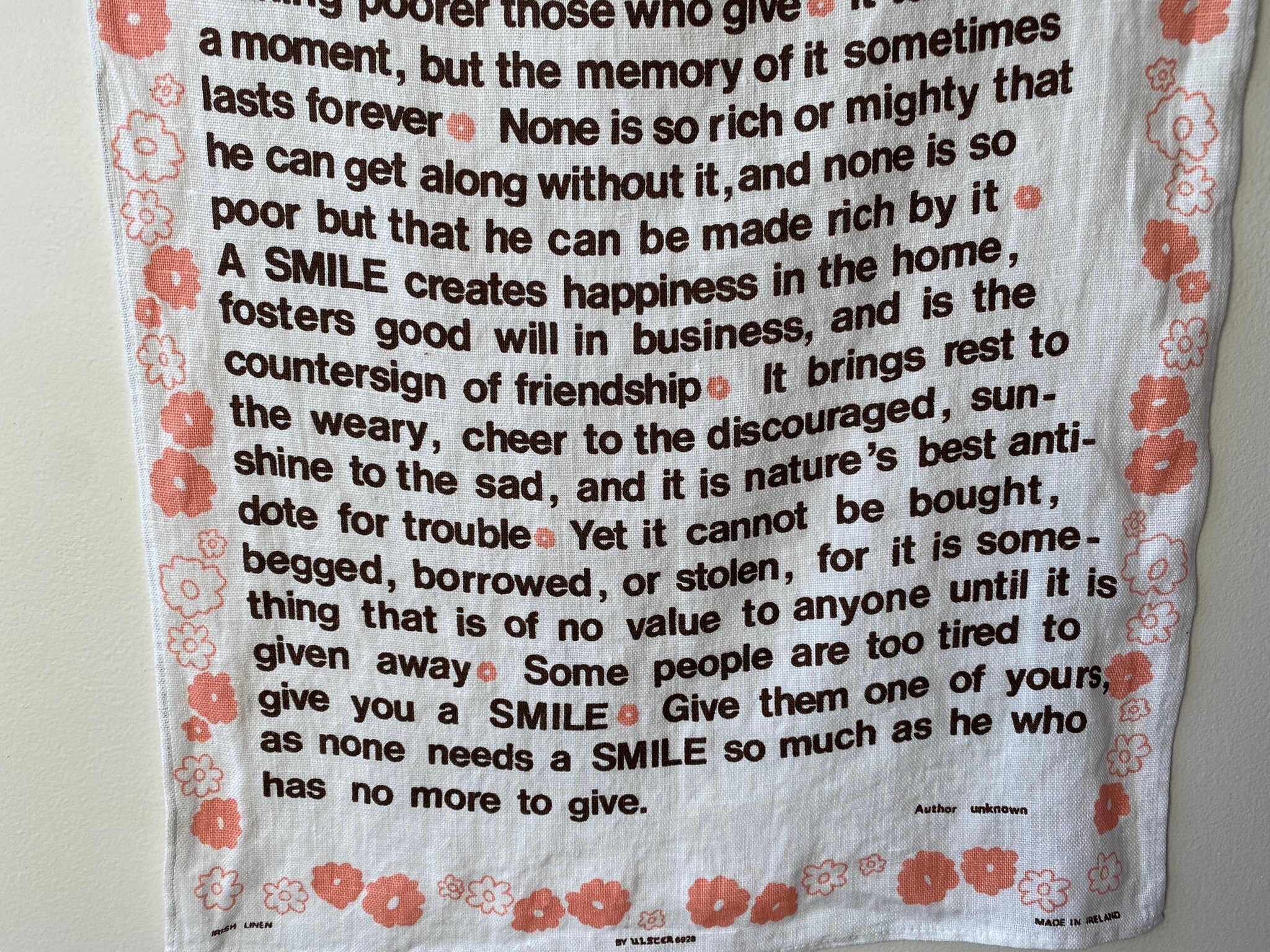 Vintage Ulster Irish Linen Smile Poem Kitchen Tea Towel With Pink ...