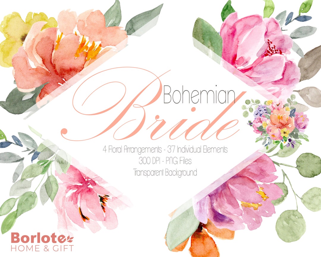 Pink Peonies, Watercolor Floral Clipart, Boho Floral, Watercolor ...