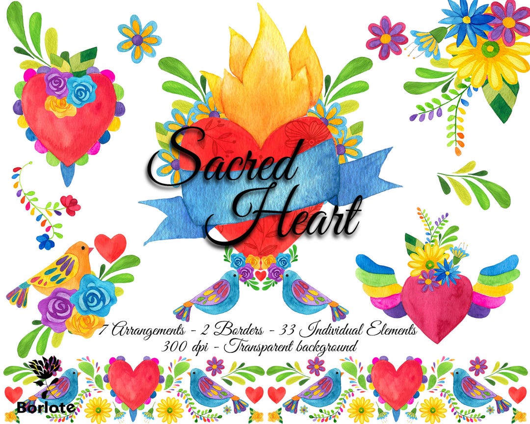 Corazones Mexicanos, Mexican Sacred Hearts Clipart, Watercolor Mexican ...