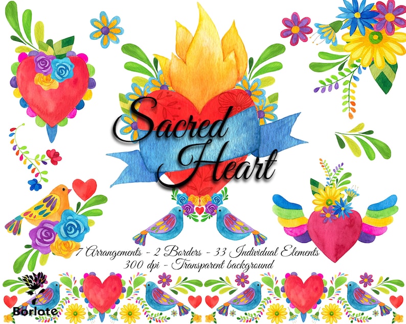 Corazones Mexicanos, Mexican Sacred Hearts Clipart, Watercolor Mexican ...
