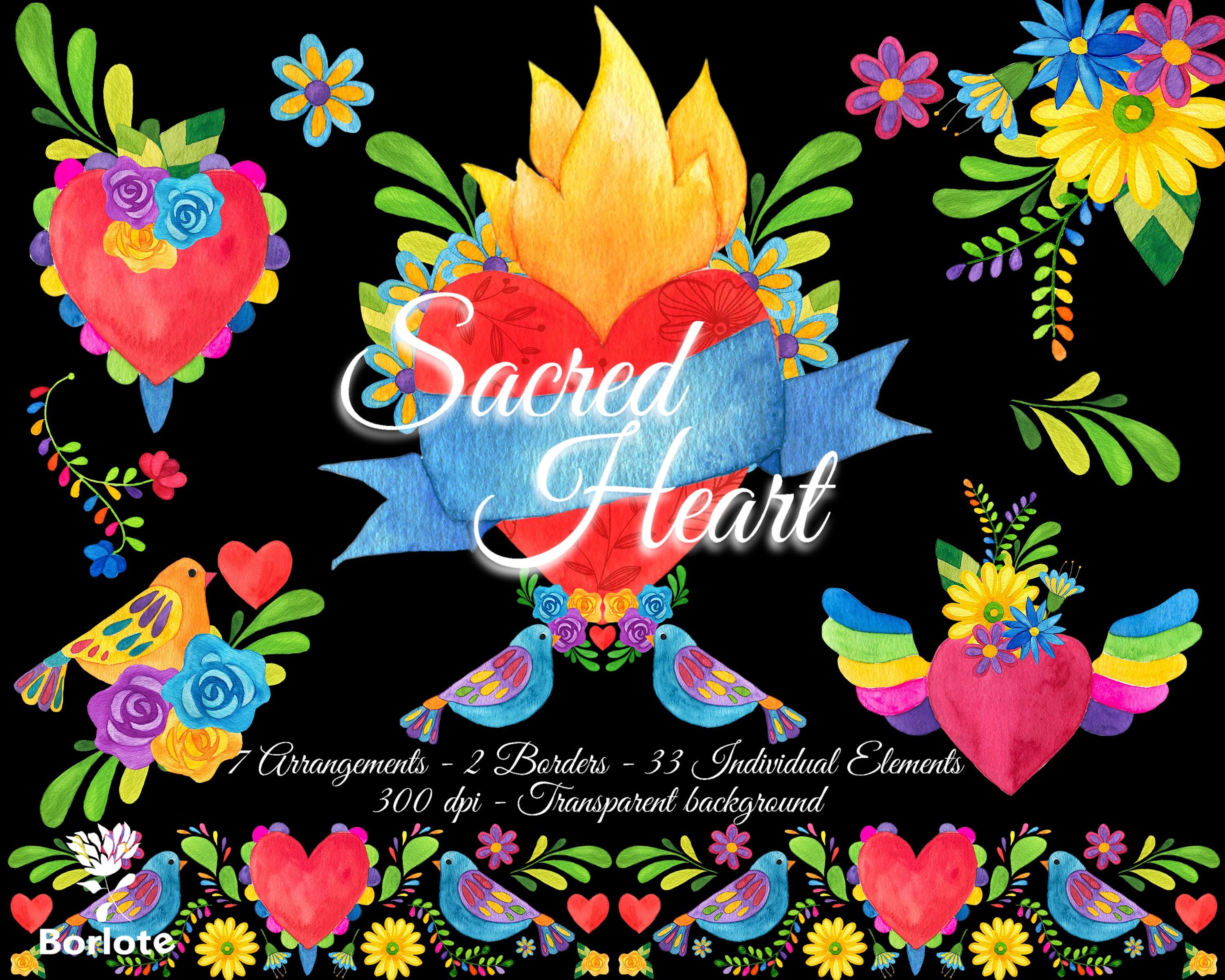 Corazones Mexicanos, Mexican Sacred Hearts Clipart, Watercolor Mexican ...