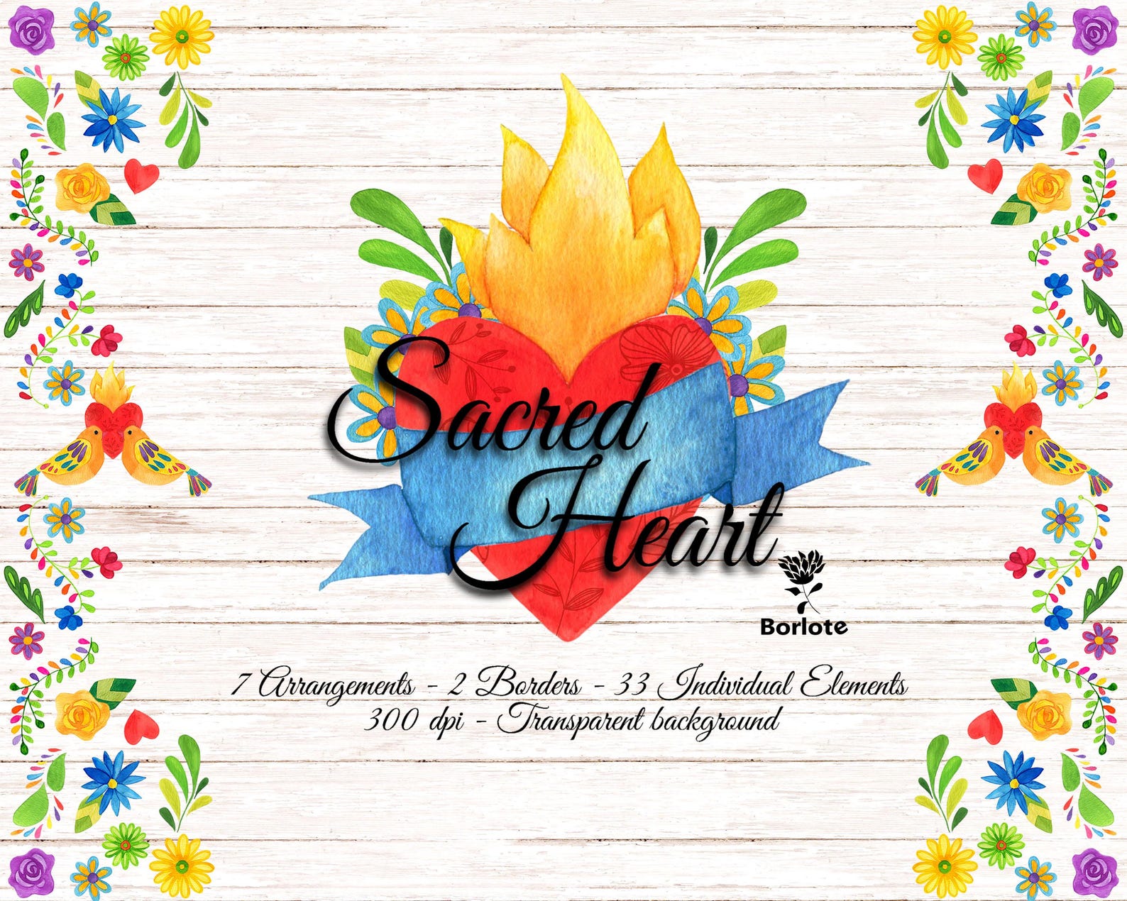 Corazones Mexicanos, Mexican Sacred Hearts Clipart, Watercolor Mexican ...