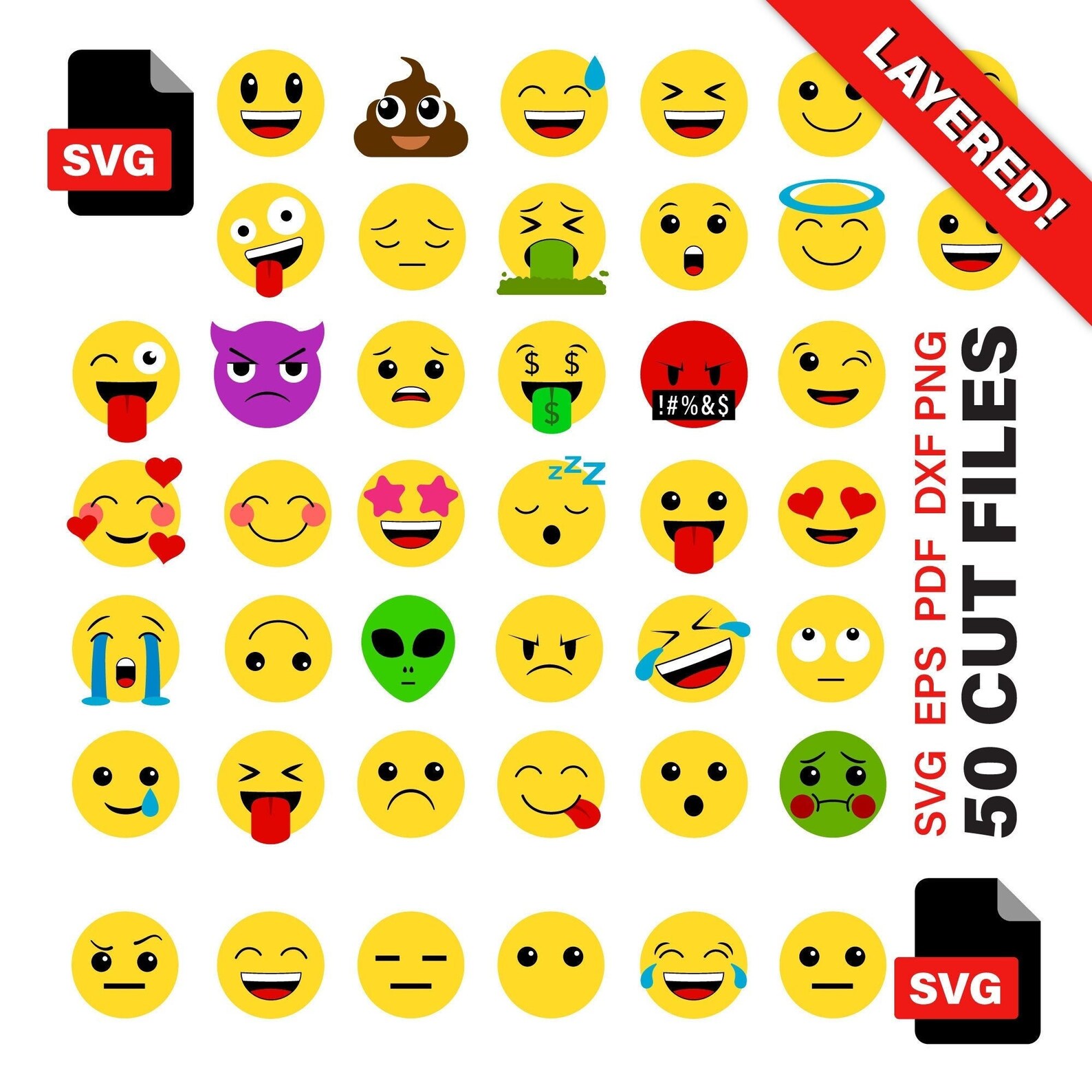 Emoji SVG, 50 Faces Clipart, Cricut, Silhouette Cut Files (digital ...