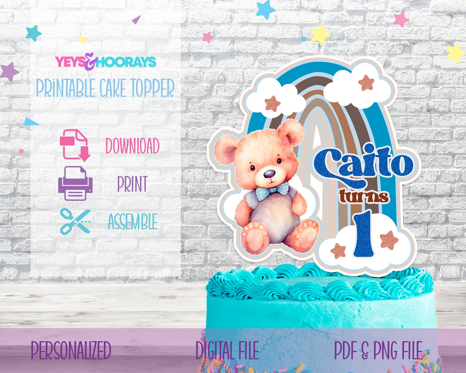 Boho Teddy Bear Cake Topper - Printable Digital Decoration for Neutral ...