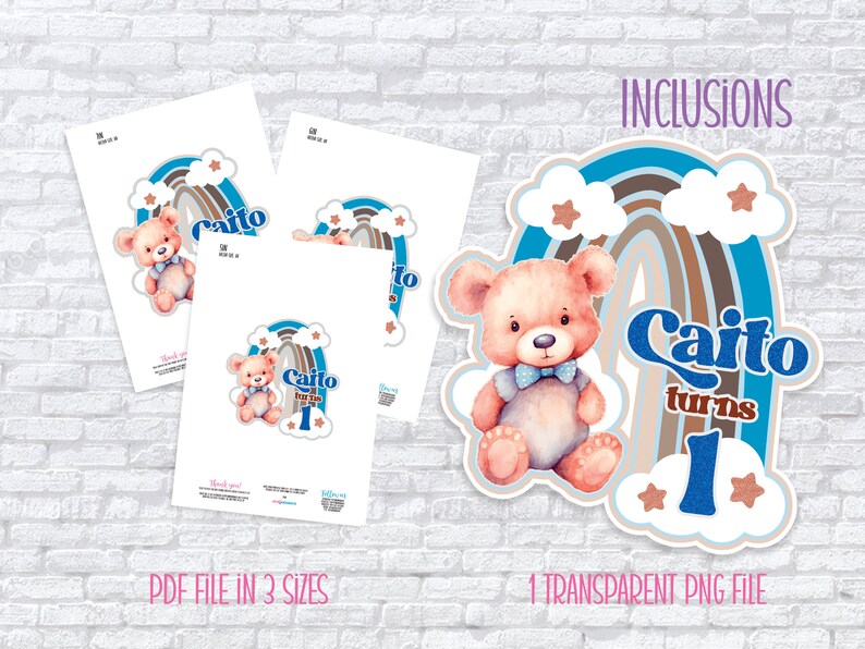 Boho Teddy Bear Cake Topper - Printable Digital Decoration for Neutral ...